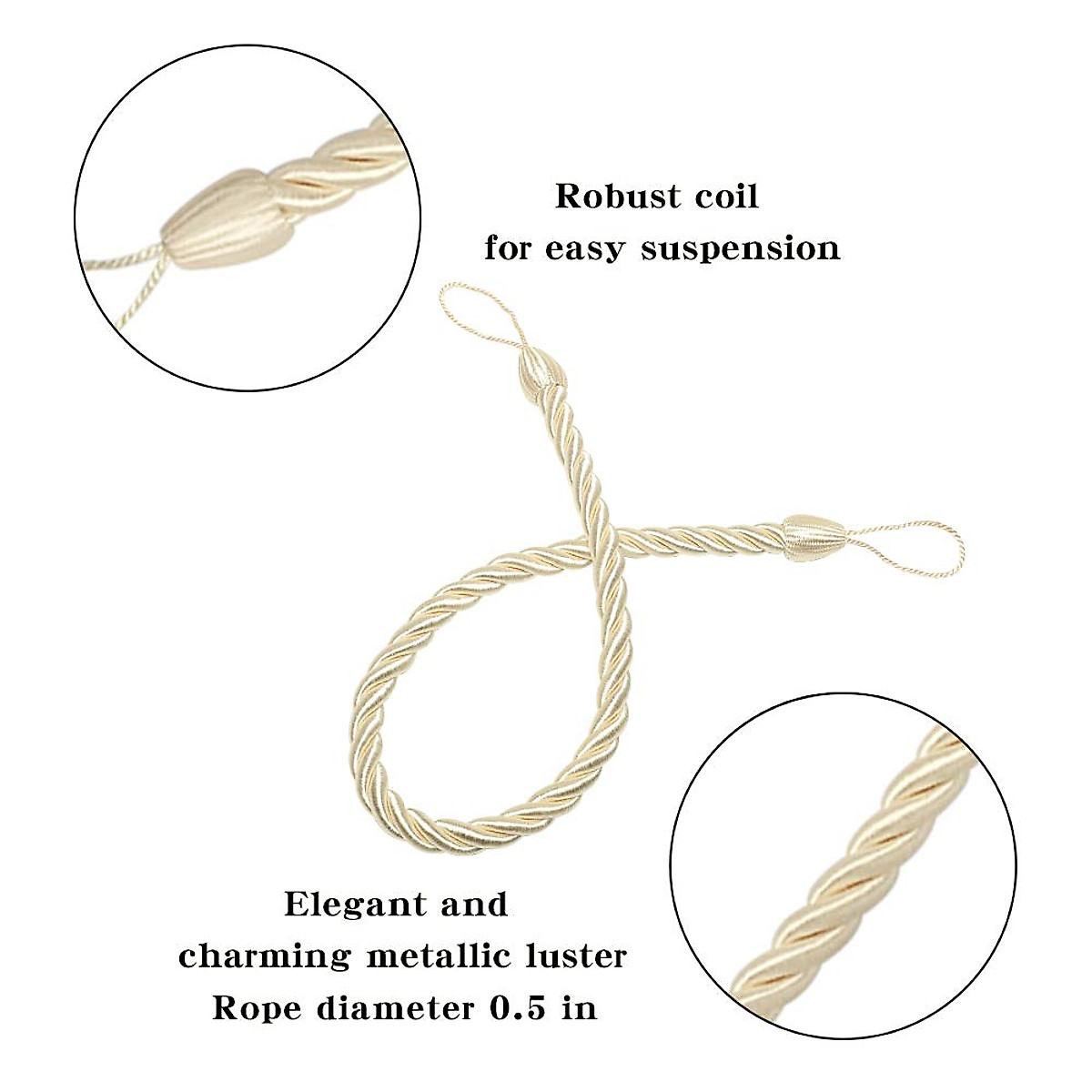 BEL AVENIR Curtain Ropes Tiebacks Tie-Backs, Curtain Handmade Holdbacks with 2 Metal Screw Hooks (Beige, 2pack)