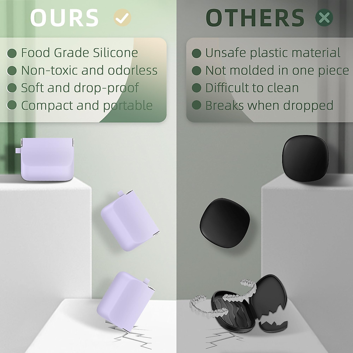 Nearockle 2 Pack Silicone Retainer Case with Lanyard, Soft Denture Case with Vent Holes Compatible for Invisalign, Portable Mouth Guard Case Travel Containers (Pink+Purple)