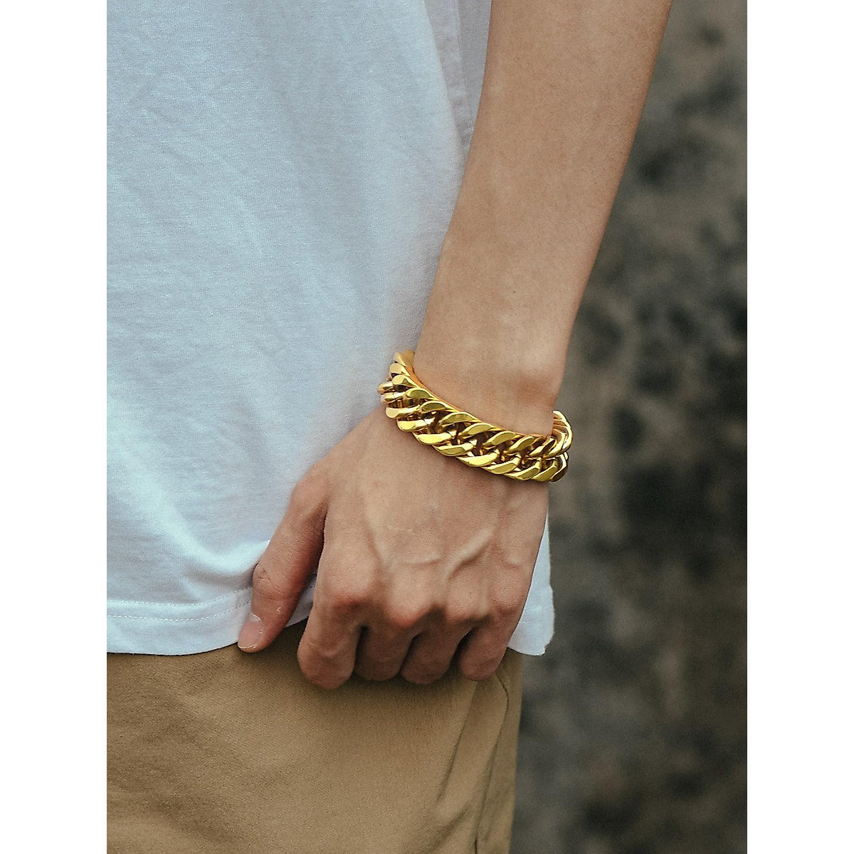 Richsteel Men and Women Sturdy Curb Cuban Link Chain Bracelet Gold Plated 316L Stainless Steel Jewelry