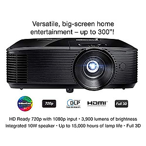 Optoma H190X Affordable Home & Outdoor Movie Projector | HD Ready 720p + 1080p Support | Bright 3900 Lumens for Lights-on Viewing | 3D-Compatible | Speaker Built in