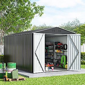 HOGYME 8 x 12 FT Outdoor Storage Shed, Large Metal Tool Sheds with Updated Frame Structure and Lockable Doors, Garden Shed for Backyard Garden Patio Lawn, Grey