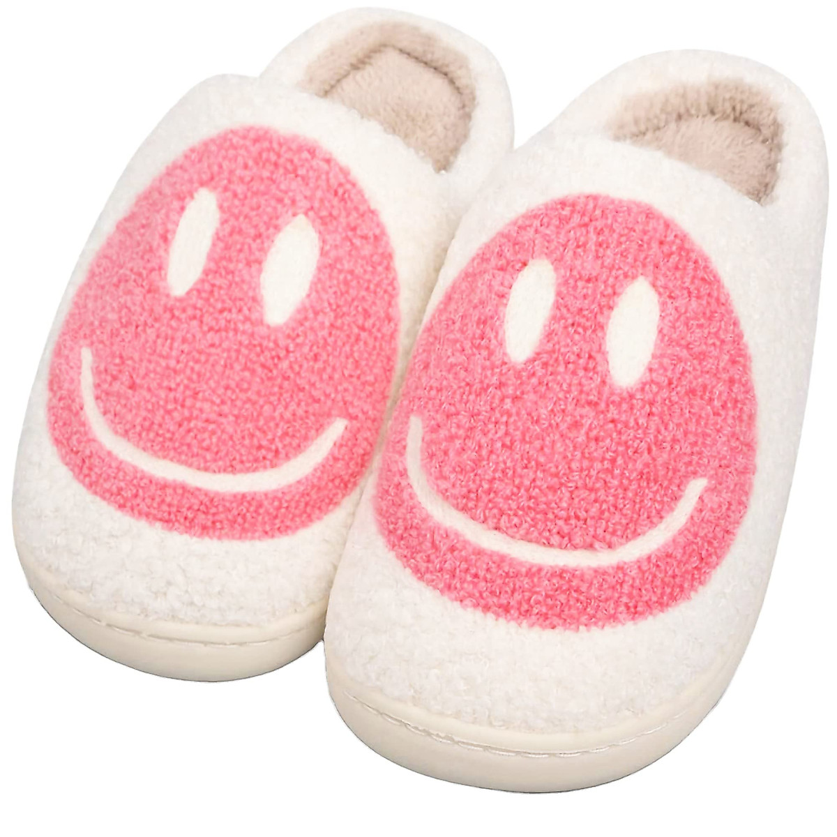 Smile Face Slippers for Women and Men, Retro Comfy Warm Soft Fuzzy Plush Slip-On House Shoes Funny Cute Happy Smile Home Winter Warmies Pillow Cloud Memory Foam Fluffy Slipper for Indoor & Outdoor(Pink)