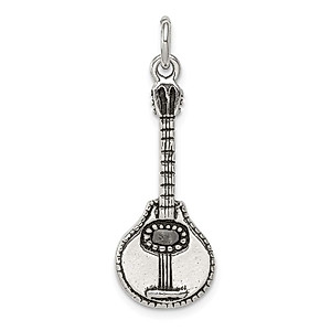 Solid 925 Sterling Silver Vintage Antiqued Mandolin Charm Pendant - 35mm x 11mm