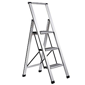 BirdRock Home 3-Step Slim Aluminum Step Ladder - Sturdy Thin Folding Stool - 3 Anti-Slip Steps - Wide Platform - Great for Your Kitchen, Pantry, Closets, or Home Office - Indoor Stool - Silver