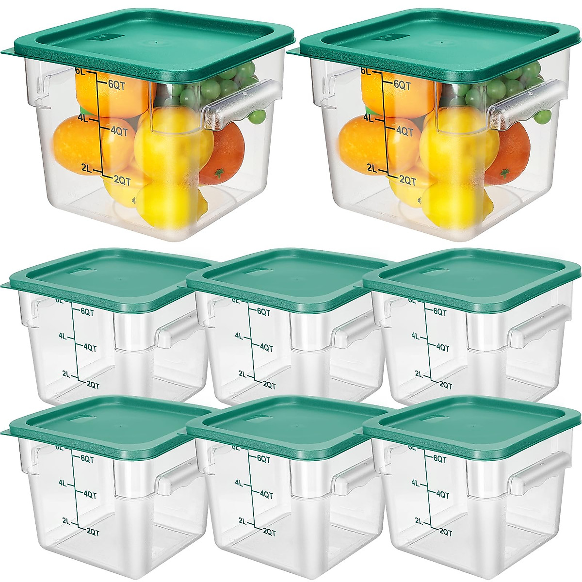 Lallisa 8 Pack 6 Qt Commercial Food Storage Containers with Lids Square Food Storage Container Clear Cereal Storage Containers for Kitchen Freezer Pantry Restaurant Flour Sugar(Green Lids)