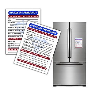 ICE Medical Card for Refrigerator in Case of Emergency Fridge Magnet |2 pk 5.5x4.3” Important Phone Numbers Call List for First Responders, Ambulance, Caregivers Toolbox Adult 911