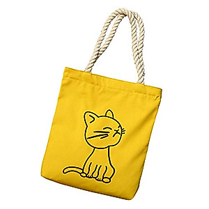 Zipper Canvas Tote Bag with Inner Pocket, Portable and Ecofriendly, Cat-yellow, 14.6" x 13.6" x 2?
