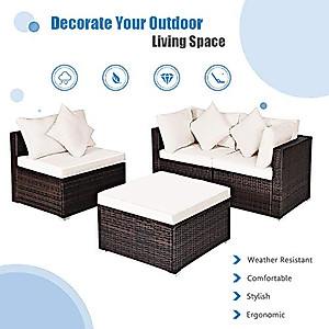 HAPPYGRILL 4-Pieces Patio Furniture Set Rattan Wicker Conversation Set with Ottoman Outdoor Sectional Sofa Set with Cushion & Pillow for Garden Lawn Balcony Backyard