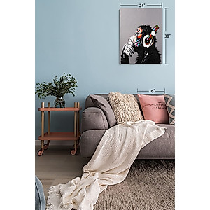 Modern Pop Art Decor - Framed - Thinking Monkey With Headphones Canvas Print Home Decor Wall Art, Gallery Wrap Inner Frame, 24x24