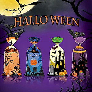 JoJotree 100 PCS Halloween Treat Bags - Halloween Cellophane Candy Bags with 110 TwistsTies - Cello Cookie Goodie Gift Bags for Trick or Treat Party Favors Supplies