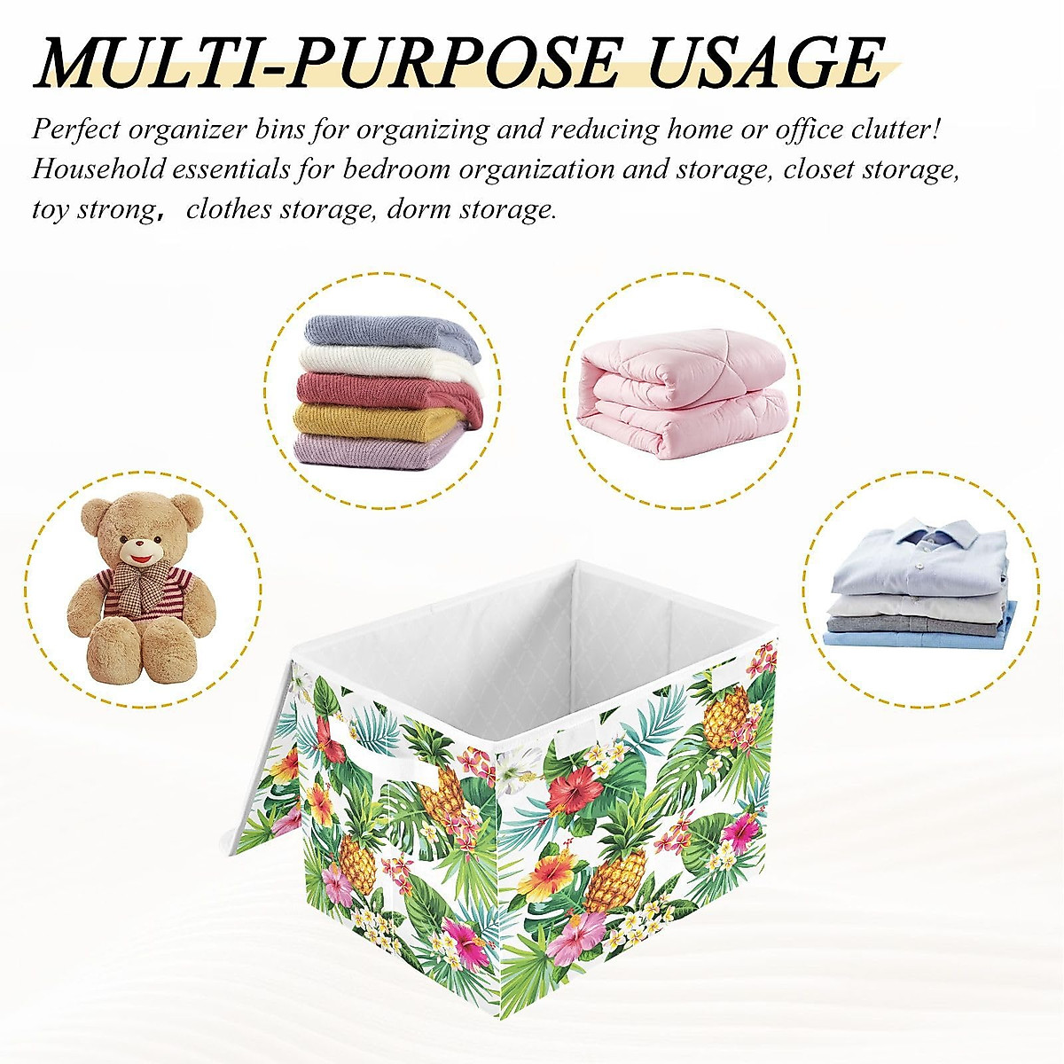 DIGTIA Tropical Pineapple Floral Storage Bins with Lids Large Palm Leaves Summer Storage Basket with Handles Foldable Fabric Storage Box Organizer for Clothes Toys Closet Cabinet Home Office Bedroom