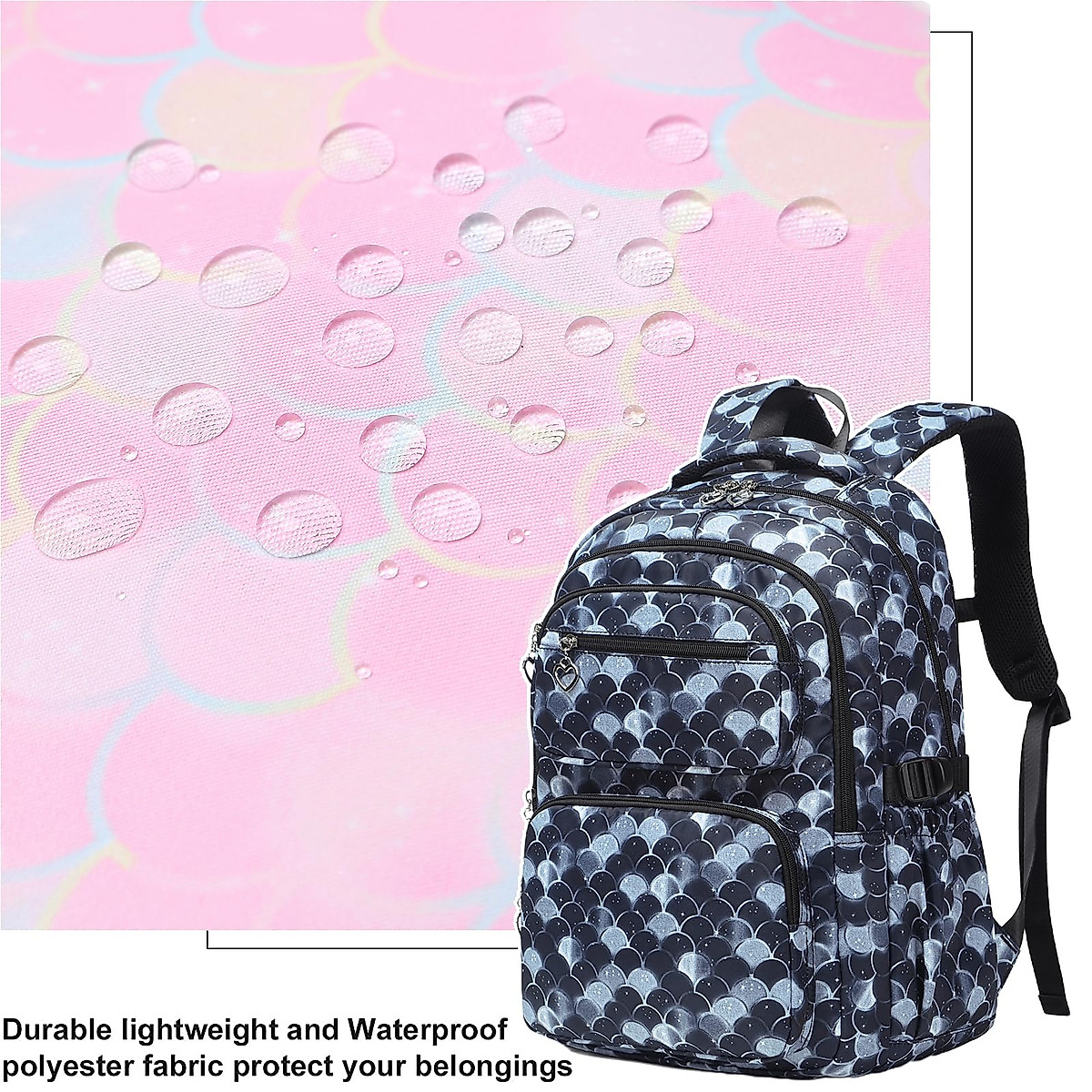 Joyfulife Mermaid Backpack for Girls Backpack with Lunch Box Kids Backpack Elementary Bookbags Primary Middle School Bags for Teens 3 in 1 School Backpack Set