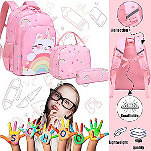 Jumpopack Unicorn Backpack for Girls School Backpack for Elementary Girls Backpack with Lunch Box Lightweight Water Resistance School Bag Preschool Kids Bookbag,Unicorn Cat