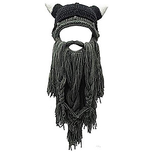Funny Knit Hat Creative Beanie Beard Original Barbarian Knit Beard Hat Halloween Caps Beard Facemask (Long Grey)