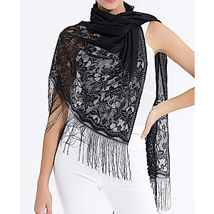 RIIQIICHY Women's Floral Lace Mesh Party Prom Wedding Shawl Scarf with Fringe