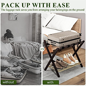 HLR Bamboo Luggage Rack for Guest Room, Folding Suitcase Stand with Metal Shelf&Back, Heavy Duty Luggage Holder for Bedroom, Living Room, Hotel, Espresso and Gold