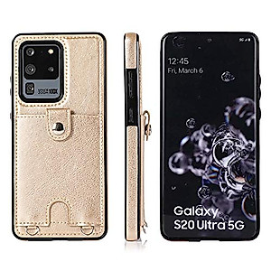 Jaorty PU Leather Wallet Case for Samsung Galaxy S20 Ultra Necklace Crossbody Lanyard Case Cover with Card Holder Adjustable Detachable Anti-Lost Neck Strap Case for Samsung Galaxy S20 Ultra,6.9",Gold