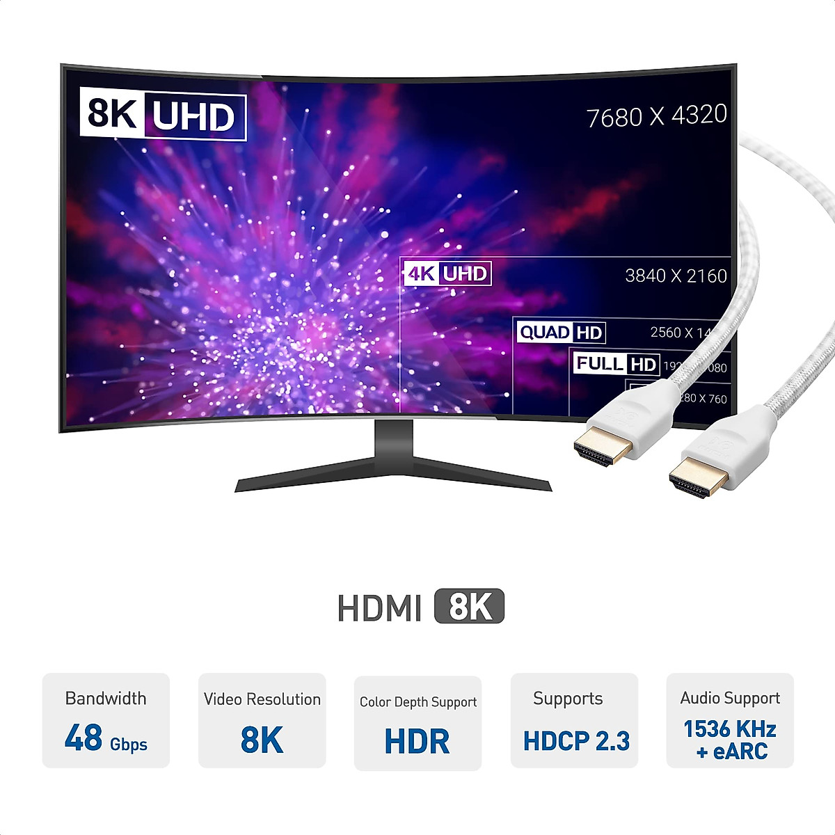Cable Matters [Ultra High Speed HDMI Certified] Braided 48Gbps 8K HDMI Cable 6.6 ft / 2m with 8K @120Hz, 4K @240Hz and HDR Support for PS5, Xbox Series X/S, RTX3080 / 3090, Apple TV and More in White