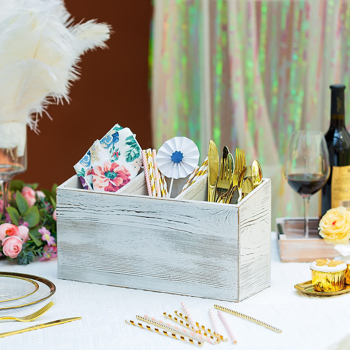 Hanobe Large Wooden Utensil Holder: Rustic Farmhouse Wood Cutlery Caddy 3 Compartment Silverware Countertop Organizer Distressed White Washed Flatware Storage for Kitchen Dinning Table