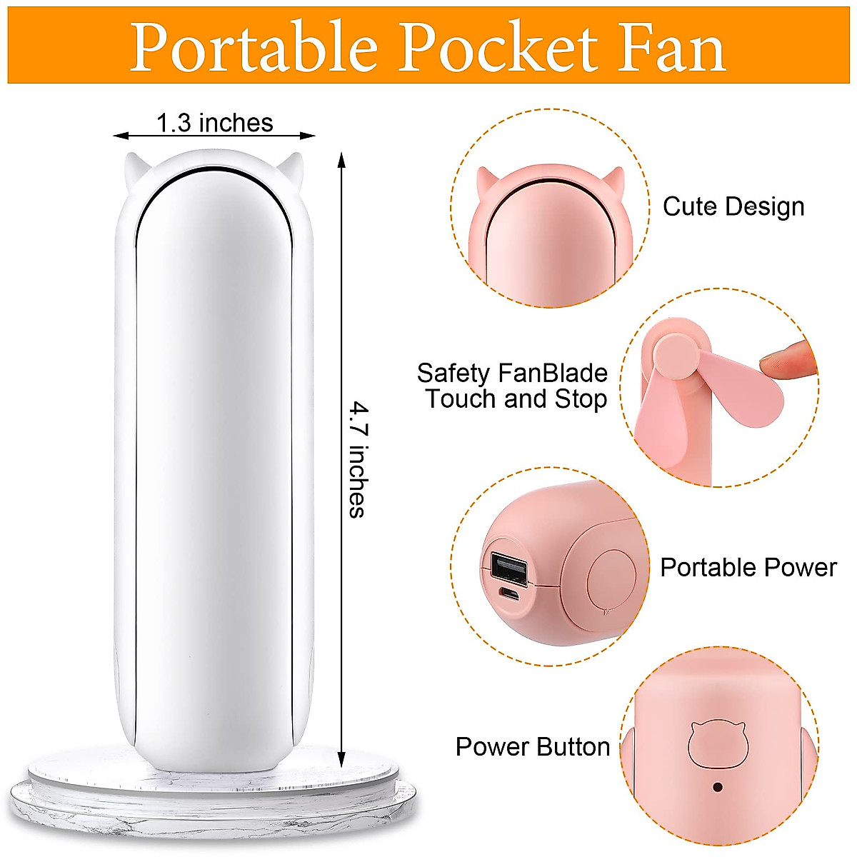2 Pieces Portable Handheld Fan Mini Fan Portable USB Rechargeable Fan Small Pocket Fan Travel Feature Battery Operated 14-21 Working Hours for Women, Travel, Outdoor (White, Pink)