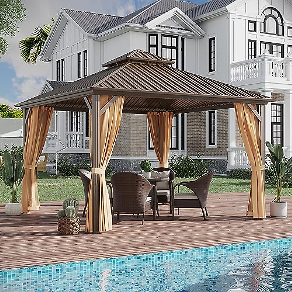 GAZEBEST 12'x12' Hardtop Gazebo, Outdoor Aluminum Patio Gazebo Double Roof Galvanized Steel Canopy with Netting and Curtains,for Garden Patio, Backyard, Deck and Lawns.