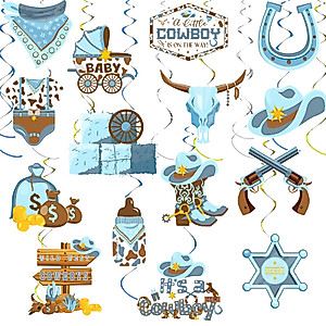 36Pcs Cowboy Baby Shower Themed Party Hanging Swirl Wild Western Birthday Decor Cowboy Themed Party Swirls Streamers Supplies for Boys Baby Shower Ceiling Decorations