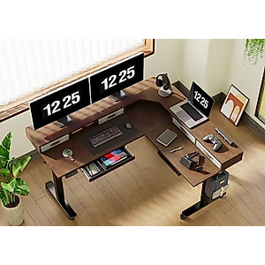 INNOVAR Triple Motor L Shaped Standing Desk with Drawers, Solid Wood Adjustable Corner Stand Up Desk, 63" Electric Standing Desk for Home Office, Black Frame/Brown Top