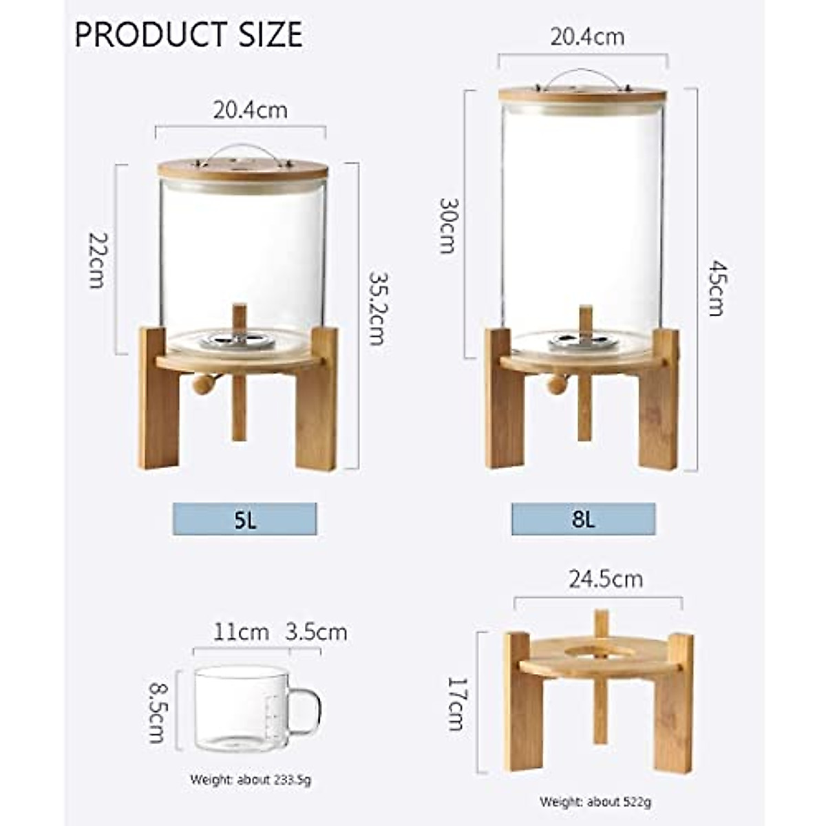 Glass Rice Dispenser with Wooden Stand, Flour and Sugar Container Dispenser with Glass Measuring Cup for Pantry Organization and Storage with Airtight Bamboo Lid for Rice, Beans,and Ground Coffee (5L)