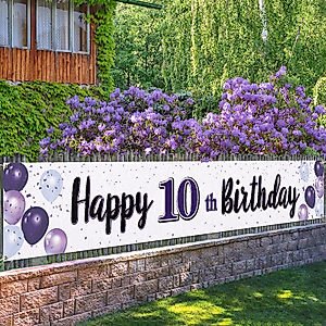 LASKYER Happy 10th Birthday Decorations,10th Purple Balloon Large Birthday Hanging Banner Sign,Cheers to Ten Years Old Bday Party Supplies.