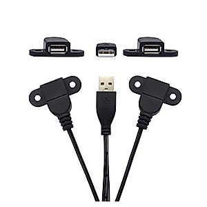 QiCheng&LYS USB 2.0 Male to Dual Female Charging Extension Cable, Furniture nightstand Sofa Electric Vehicle on-Board Charging Port, Panel Mount Cable with Screw Hole 5ft (2pcs)