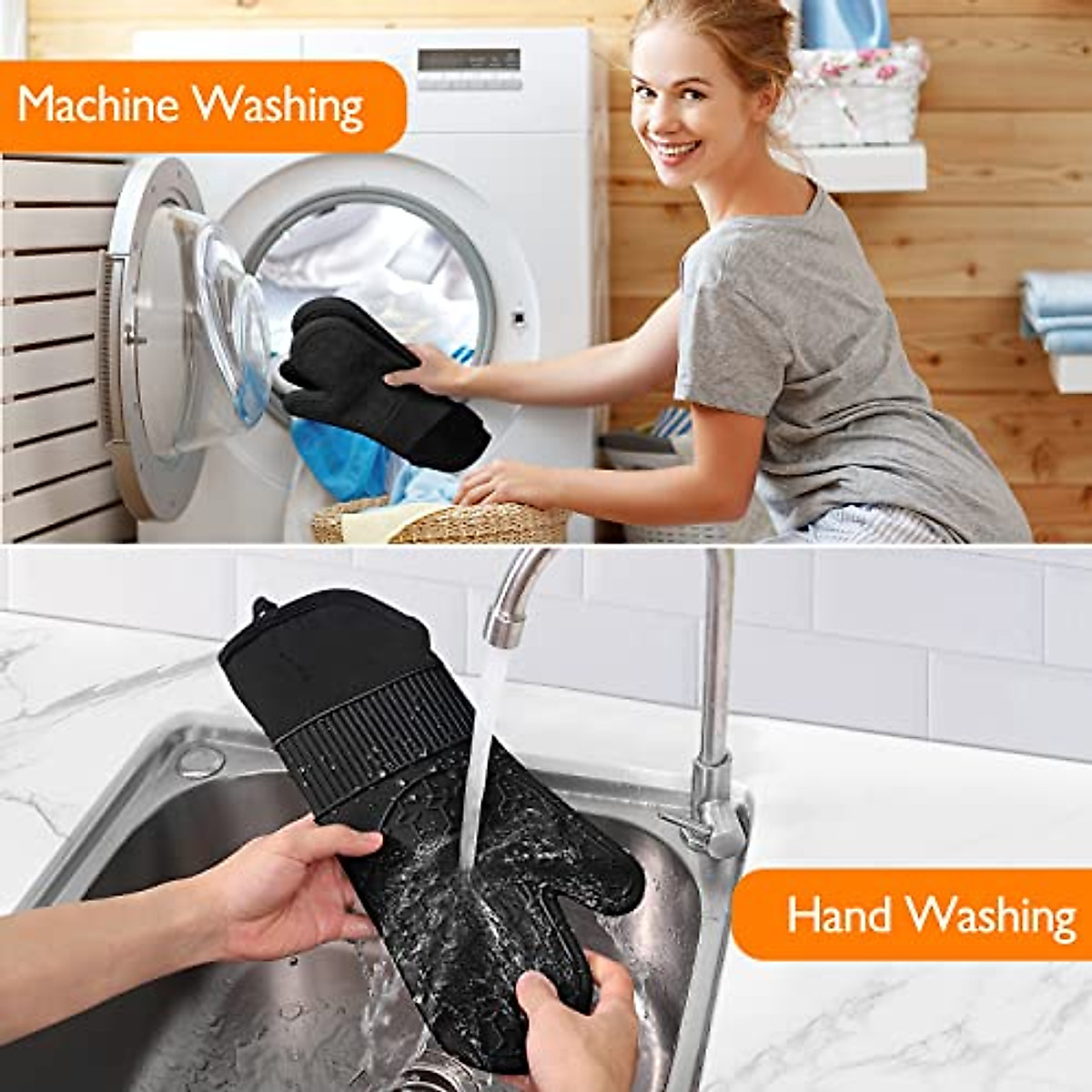 Oven Mitts and Pot Holders Kitchen: 550℉ Heat Resistant Silicone Oven Gloves with Pot Holders Set - Extra Long Quilted Oven Mitt and Large Hot Pads Set Washable Mittens for Kitchen Cooking Baking