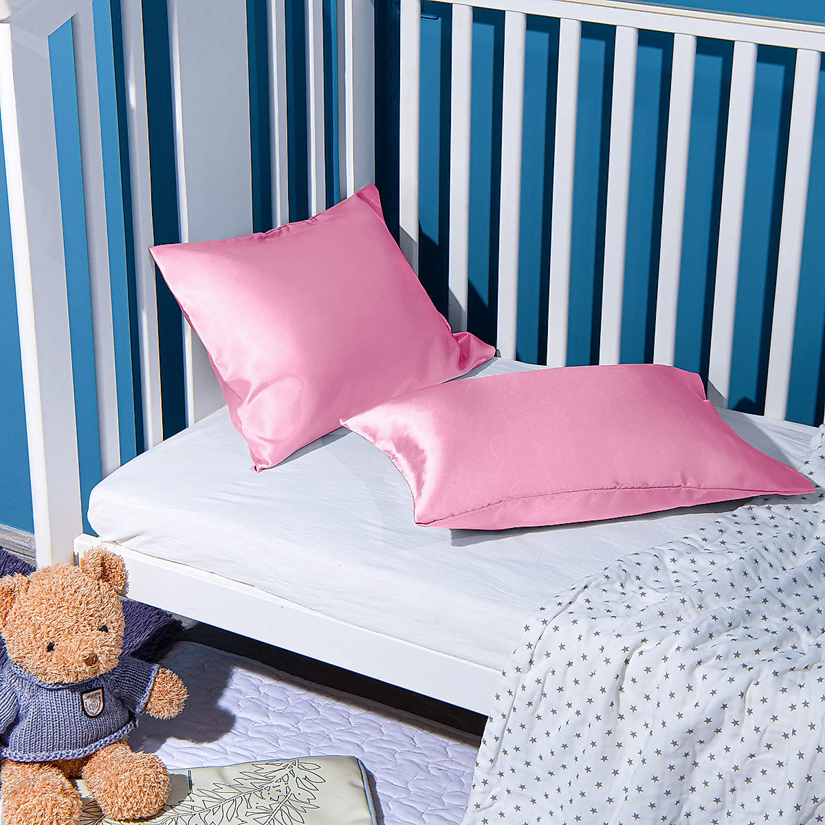 FLXXIE 2 Pack Satin Toddler Pillowcases for Skin and Hair, 14x20 Inches, Silky Soft Envelope Closure Kids Travel Pillow Cases Covers for Boys and Girls, 14x20 Inches, Pink