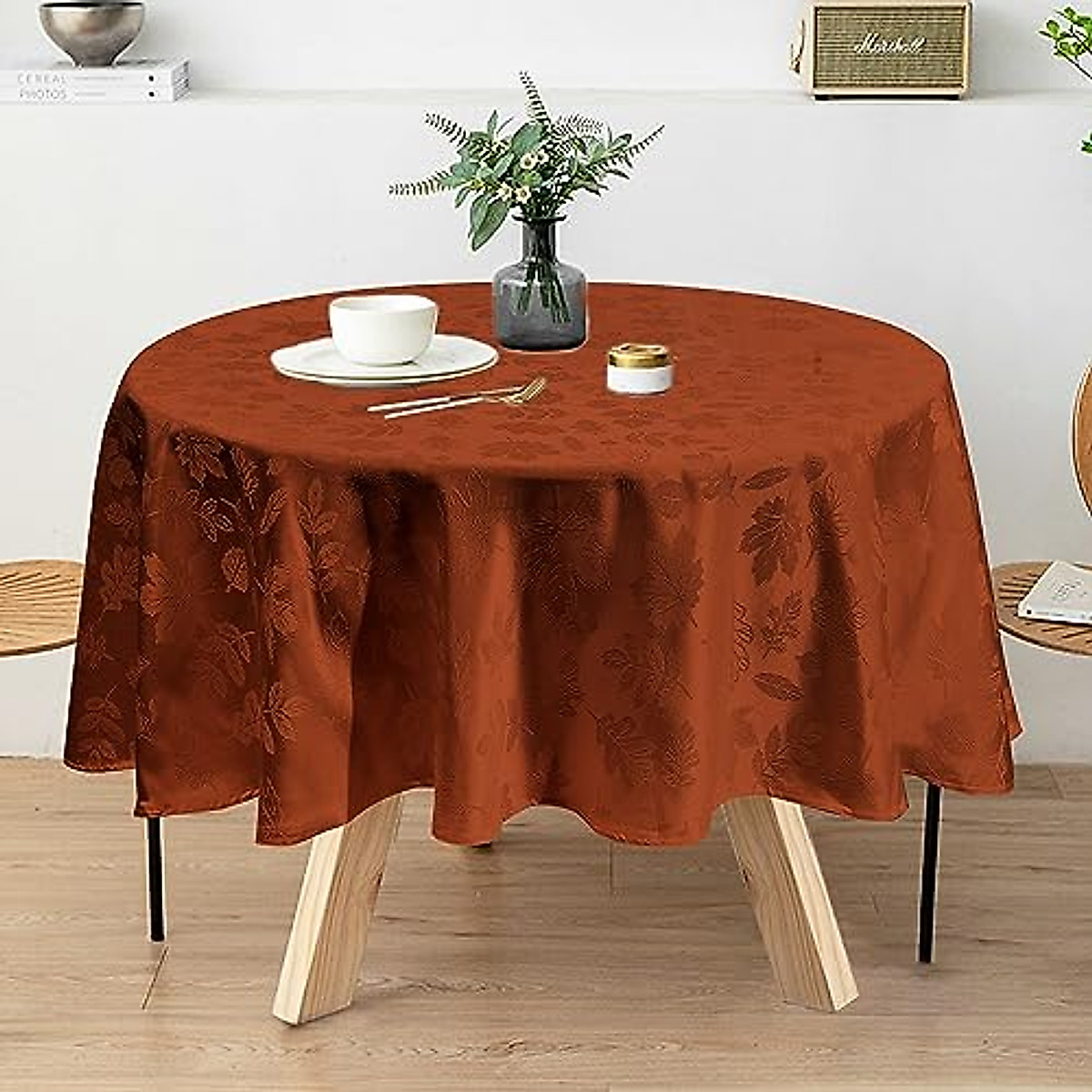 Hexagram Fall Tablecloth Round, Thanksgiving Tablecloth 70 Round inch, Jacquard Rust Maple and Fall Leaves Fabric Kitchen Table Decorations for Home