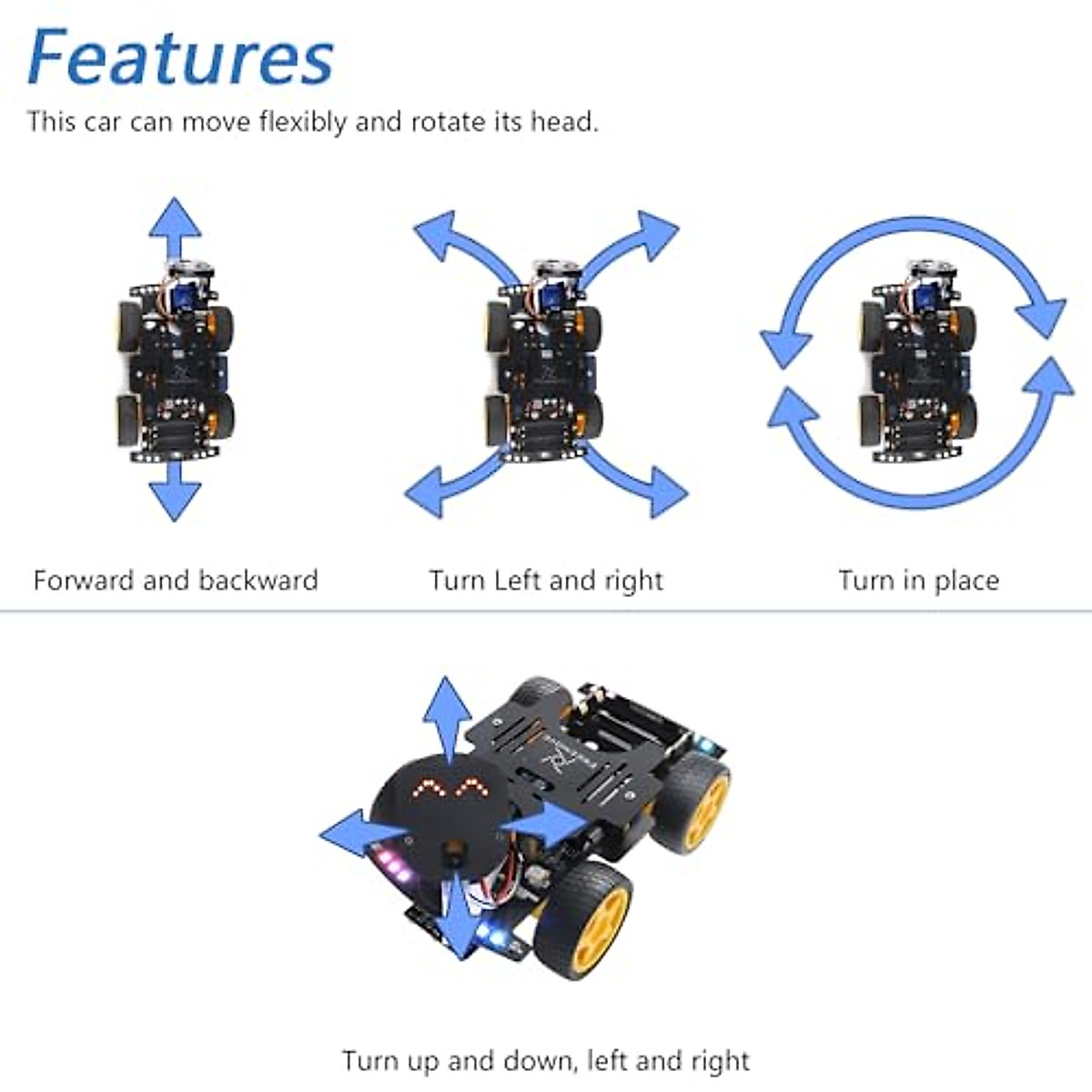 FREENOVE 4WD Car Kit for ESP32-WROVER CAM (Included), Dual-core 32-bit 240 MHz Microcontroller, Camera, Dot Matrix, Obstacle Avoidance, Line Tracking, Light Tracing, Colorful Light, App