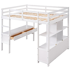 Full Loft Bed with Desk and Storage Cabinet, Wood Full Size Loft Beds Frame with Bookcase and Shelves, Modern Full Loft Bed for Kids Teens Adults Boys Girls (Loft Bed Full Size, White)