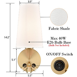SAMTEEN Gold Wall Sconces Set of Two Modern Brass Wall Lamp with Fabric Shade, USB Sconces Wall Lighting with Switch Wall Light for Bedroom Hallway Living Room