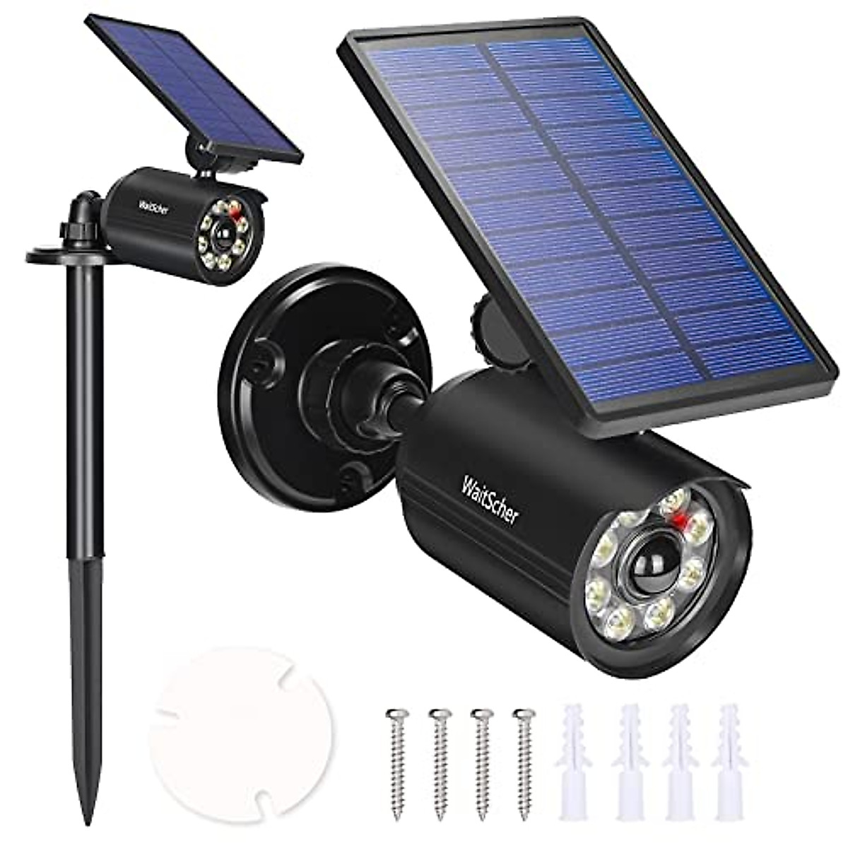 WaitScher Fake Security Camera Outdoor, Solar Powered Bullet Dummy, Simulated Surveillance CCTV with Realistic Red Light, 360° Rotatable Solar Motion Sensor Light, 3600mAh Super Bright LED Waterproof