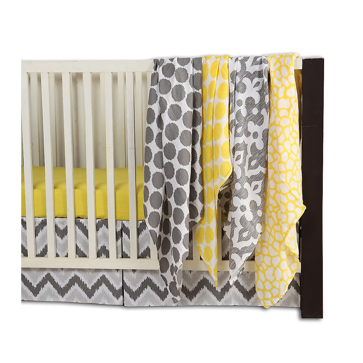 Bacati - Yellow/Grey Ikat Chevron Muslin 10 Pc Neutral Crib Set with 4 Muslin Swaddling Blankets for US Standard Crib