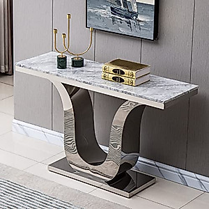 SSLine Modern Silver Console Table Luxury Grey Genuine Marble Console Table with Mirrored Stainless Steel Pedestal Base 50" Rectangular Entryway Hall Tables for Living Room Hallway