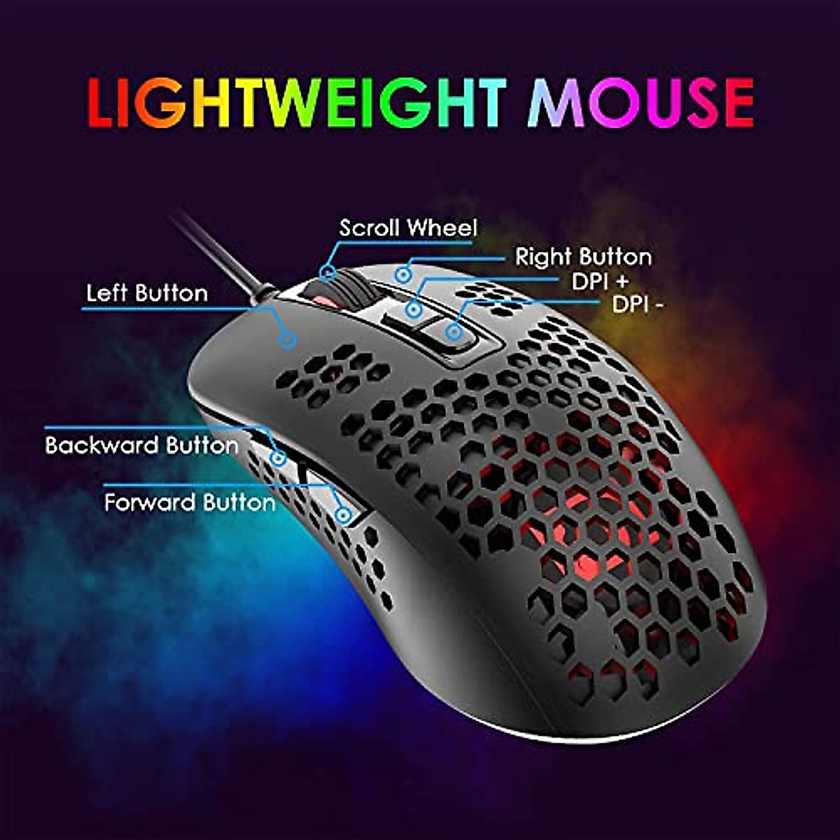 60% Gaming Keyboard and Mouse,Rainbow LED Backlit Gaming Keyboard with Wired Mini Portable Ergonomic 2400 DPI Ultralight Gaming Honeycomb Shell Mouse,Mouse Pad for Windows PC Gamers(Black)