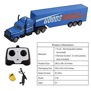 Vokodo RC Semi Truck and Trailer 18 Inch 2.4Ghz Fast Speed 1:16 Scale Rechargeable Battery Remote Control Tractor Tanker Hauler Car Big Rig 18 Wheeler Toy for 3 4 5 6 7 8 Year Boys Kids (Blue)
