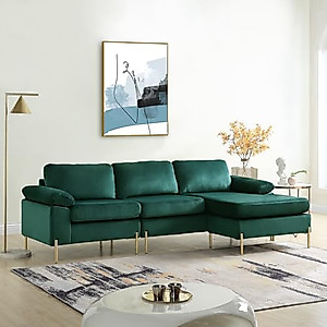 Devion Furniture 101" W Modern Design Velvet Sectional Sofa with Spacious Chaise, Cushioned Arms & Metal Legs in Green & Gold Finish