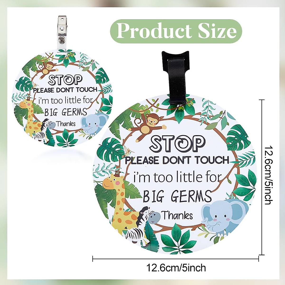 PLIGREAT 2 Pack No Touching Baby Car Seat Sign, No Kissing Baby Stroller Tag with Hanging Straps and Clip, Please Dont Touch Baby Safety Sign for Baby Girl Boy, Green Leaves and Cute Animals Pattern