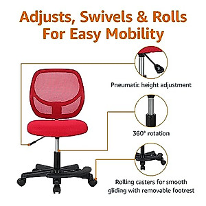 Amazon Basics Kids Adjustable Mesh Low-Back Swivel Study Desk Chair with Footrest, Red