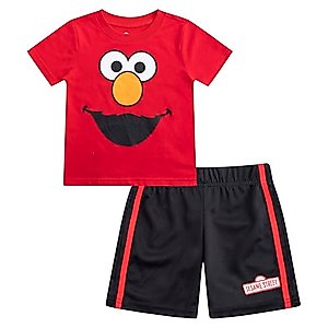 Sesame Street Boys’ Elmo and Cookie Monster Tee and Short Set for Infant and Toddler – Red/Blue