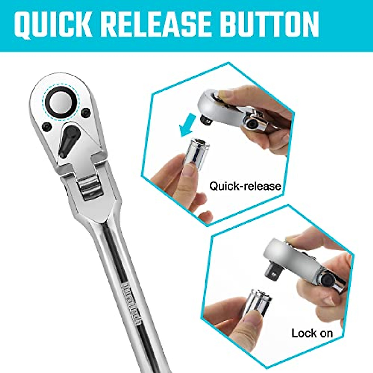 DURATECH 3/8" Drive Flex-Head Ratchet, 72-Tooth Ratchet Wrench, Quick-release, Reversible Switch, Full-Polished Chrome Plating, Alloy Steel