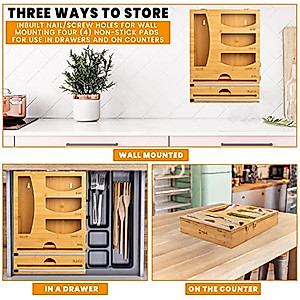 T3-R Foil and Plastic Wrap Organizer - 6-in-1 Bamboo Organizer Plastic Wrap Dispenser with Cutter for Kitchen Drawer - Best Use for Sandwich Bag, Aluminum Foil, Wax Paper and Plastic Wrap