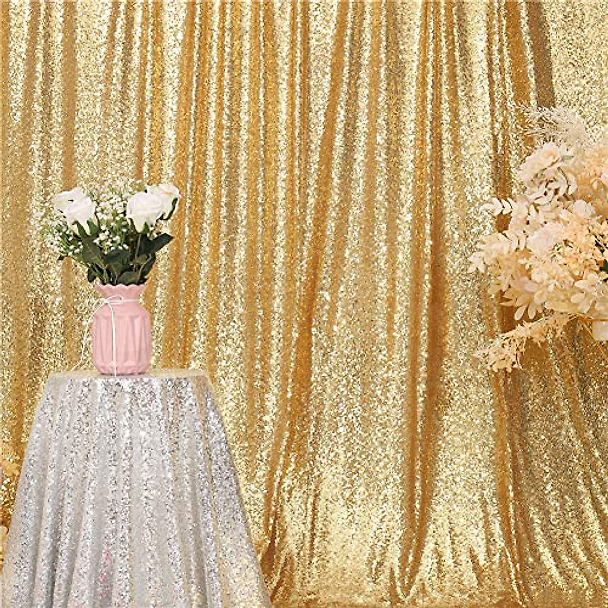Eternal Beauty Amber Gold Sequin Wedding Backdrop Photography Background Party Curtain, 6Ft X 6Ft
