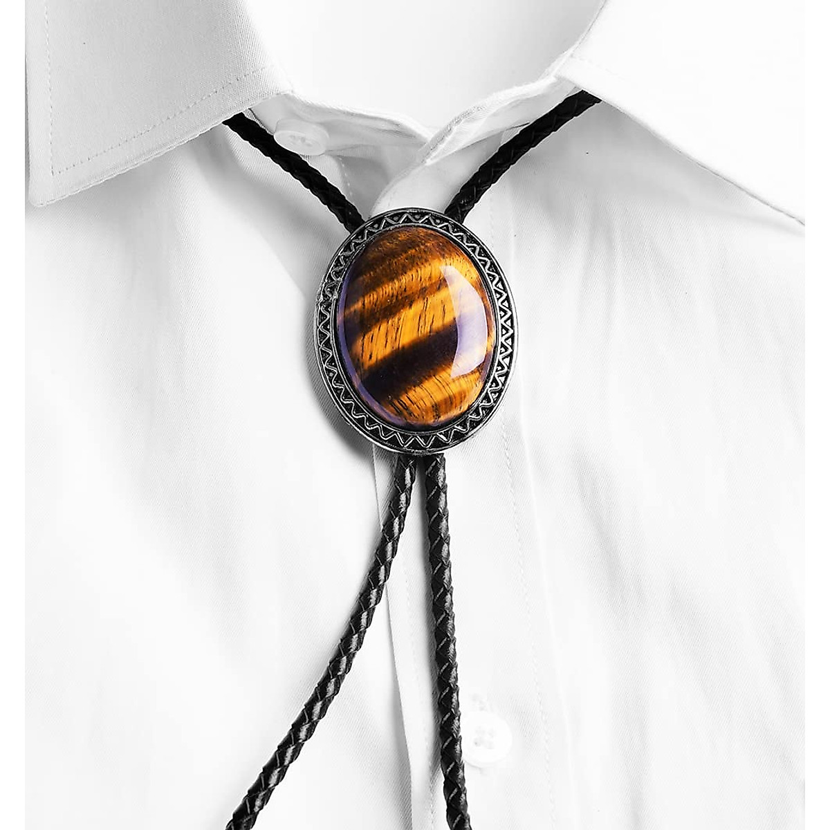 Moranse Bolo Tie with Natural Tiger Eye Stone Celtic Style Genuine and Cowhide Rope(Tiger Eyes 1 Style)