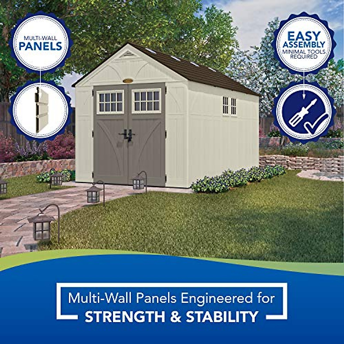 Suncast 13' x 8' Tremont Storage Shed with Windows - Natural Wood-like Outdoor Storage for Power Equipment and Yard Tools - All-Weather Resin Material, Skylights and Shingle Style Roof, 13' 2-3/4" by 8' 4-1/2"